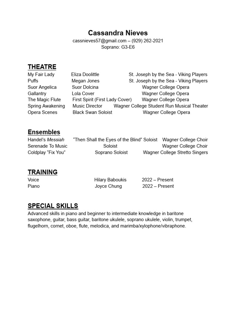 Soprano Resume: Cassandra Nieves | PDF