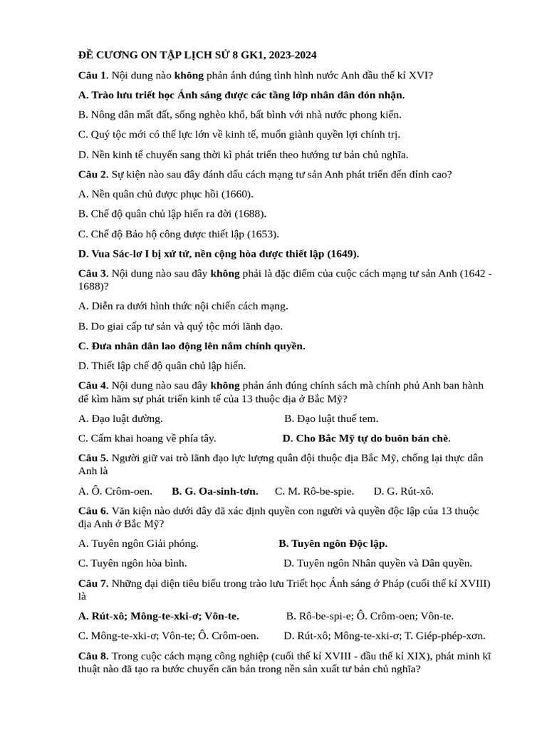 ĐỀ CƯƠNG ON TẬP LỊCH SỬ 8 GK1 24 25 | PDF