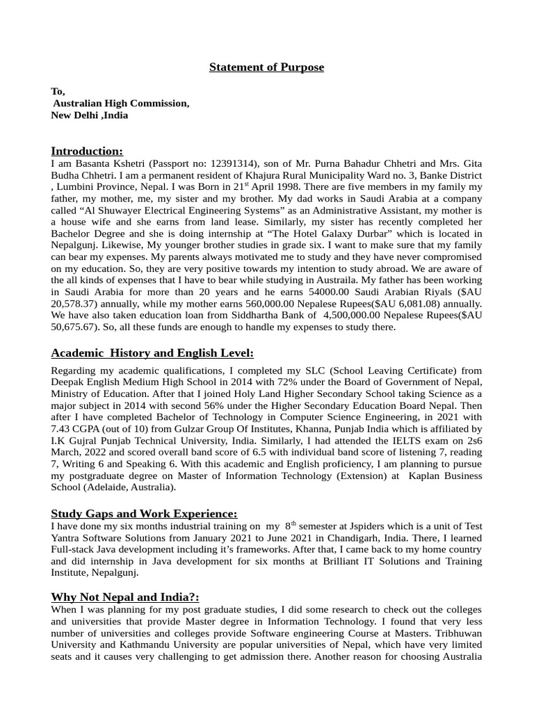 Basanta SOP (1) | PDF | Computer Programming | Travel Visa