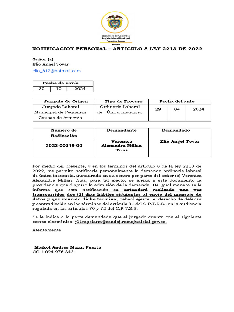 Notificación Articulo 8 Ley 2213-1 | PDF