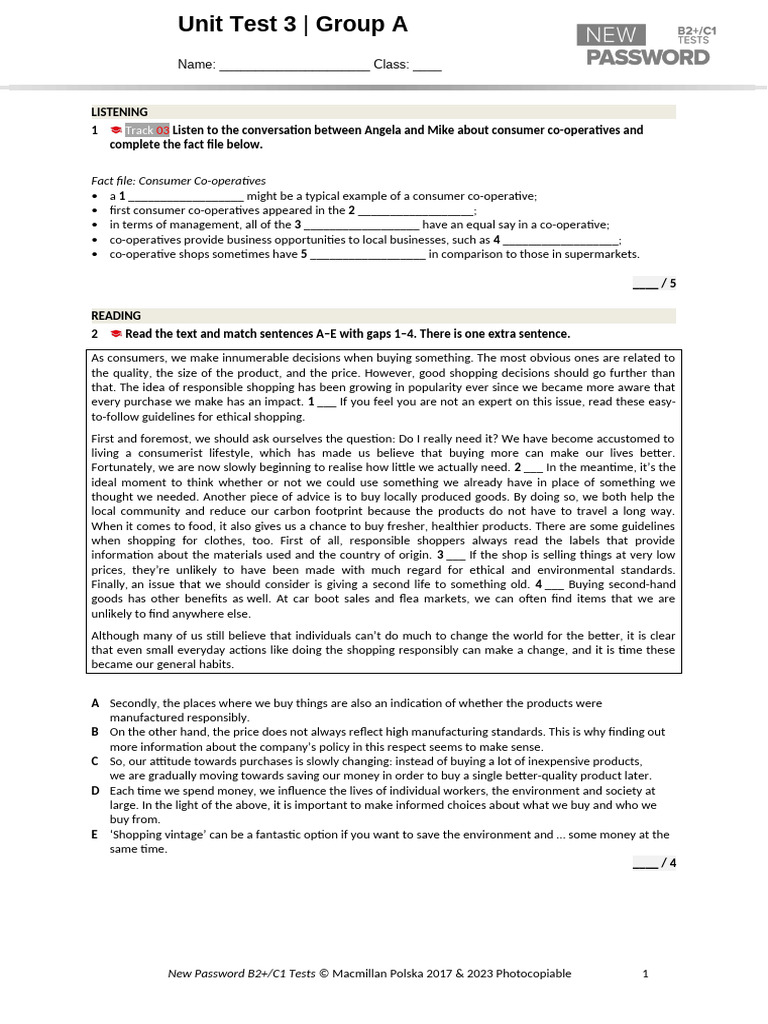Unit Test 3: New Password B2+/C1 | PDF | Retail