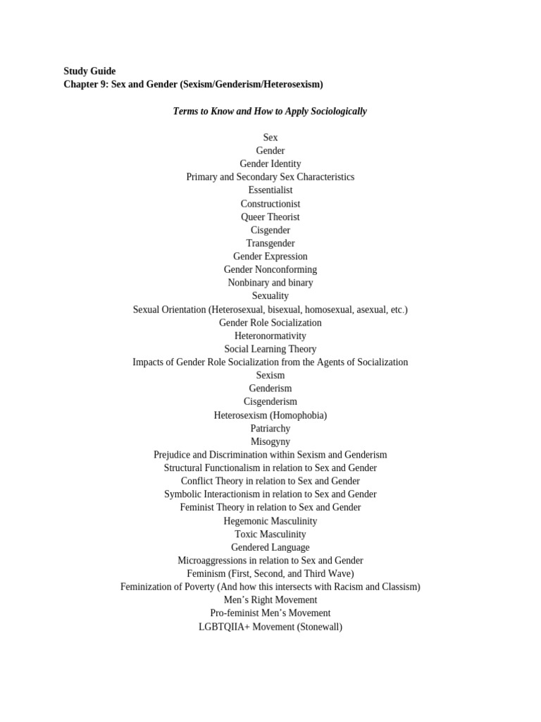 Sociology Chapter 9 Study Guide | PDF | Gender | Gender Studies