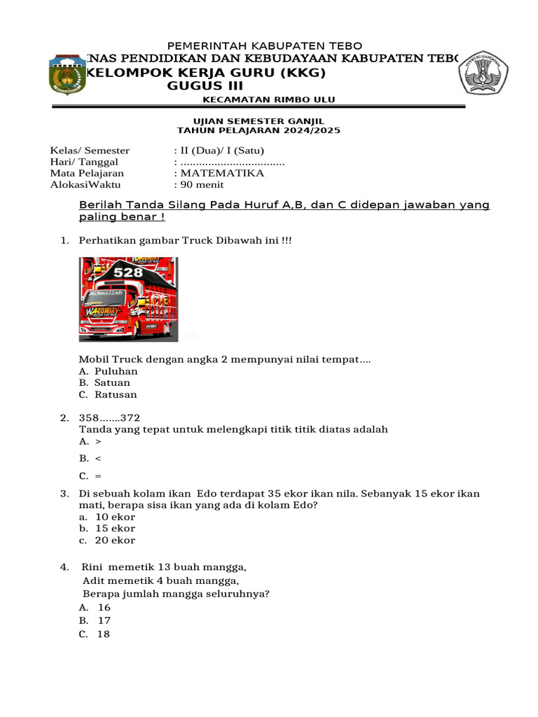 SOAL MTK KLS 2 SMTR 1 2024 DN KUNCI JAWABAN | PDF