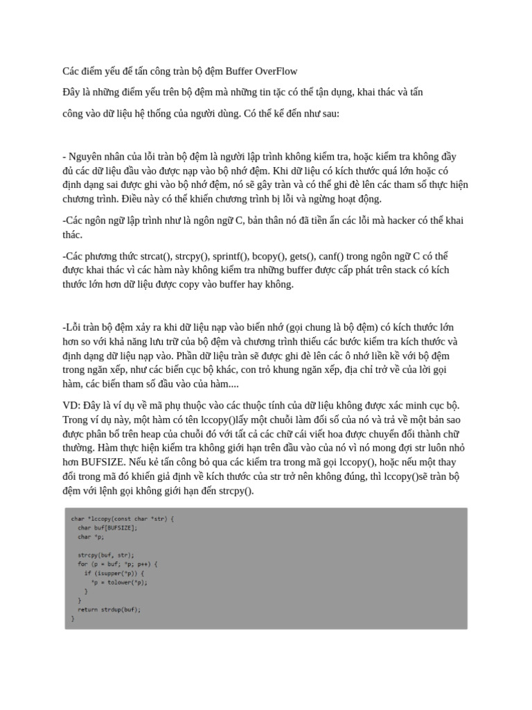 Các điểm yếu để tấn công tràn bộ đệm Buffer OverFlow | PDF