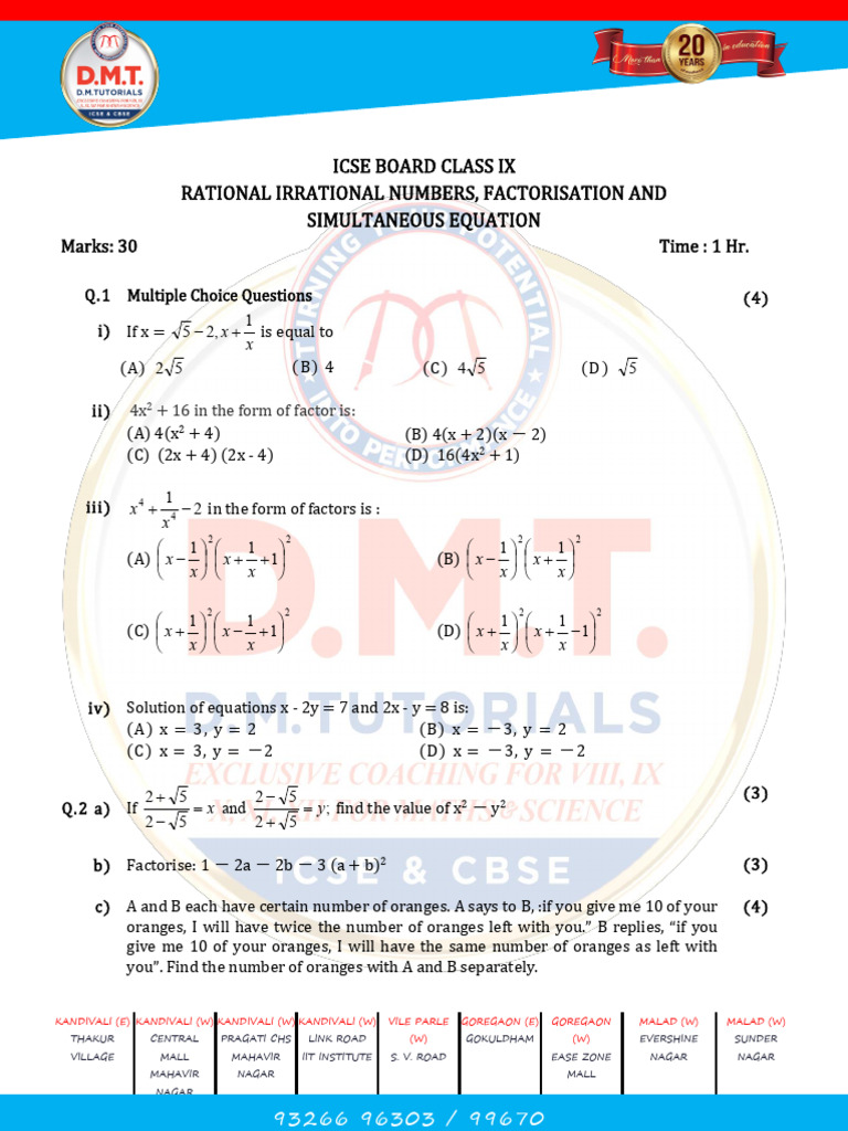 9th Std. - Nanavati - Rational, Nos, Factorisation, Simultaneous | PDF | Factorization | Mathematics