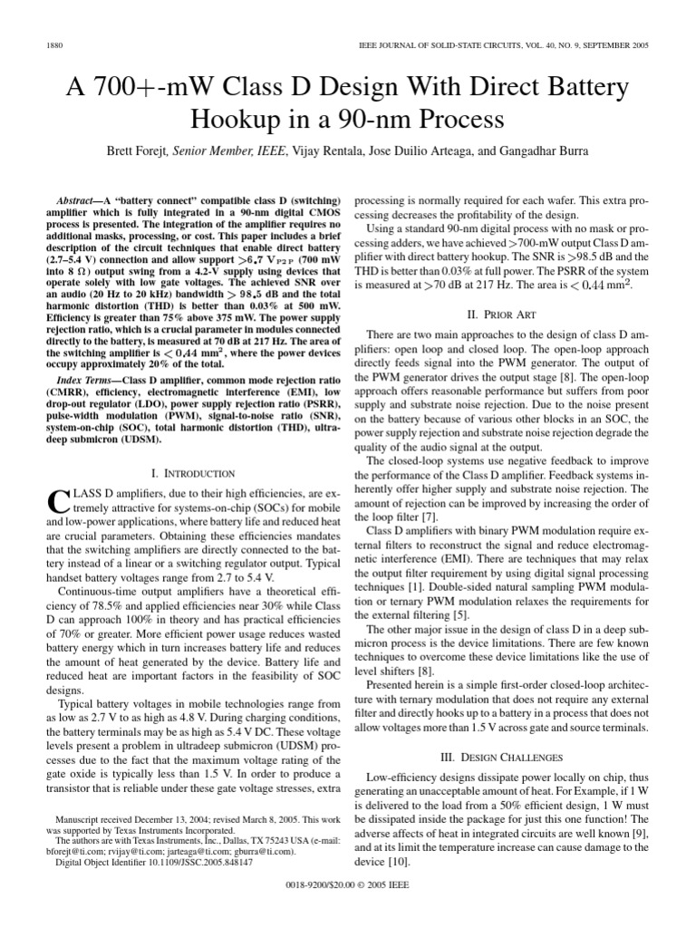 A 700-mW Class D Design With Direct Battery Hookup in A 90-nm Process ...