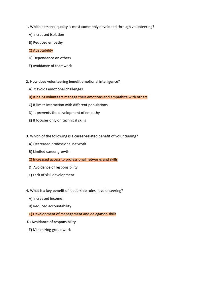 Volunteering Actions Week 7 Questions and Answers | PDF