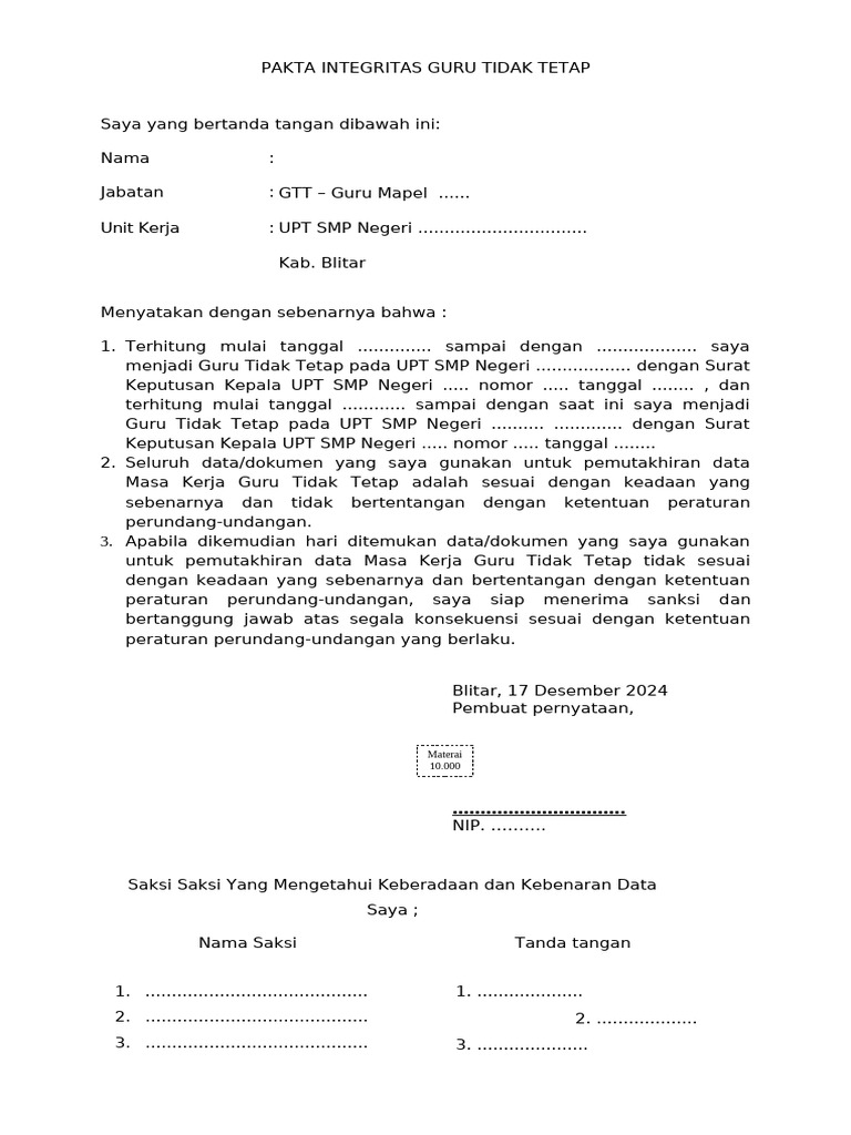 Pakta Integritas, SPTJM Guru Tidak Tetap | PDF