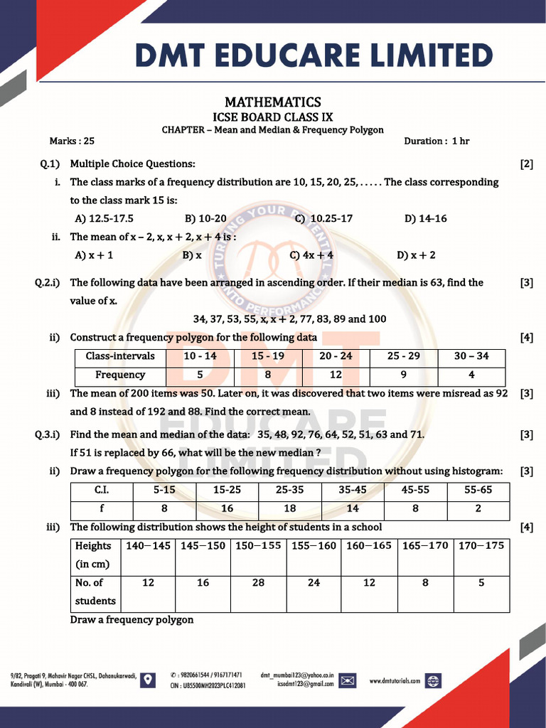 ICSE Class IX Mean, Median, Frequency Polygon | PDF | Mean | Mathematics