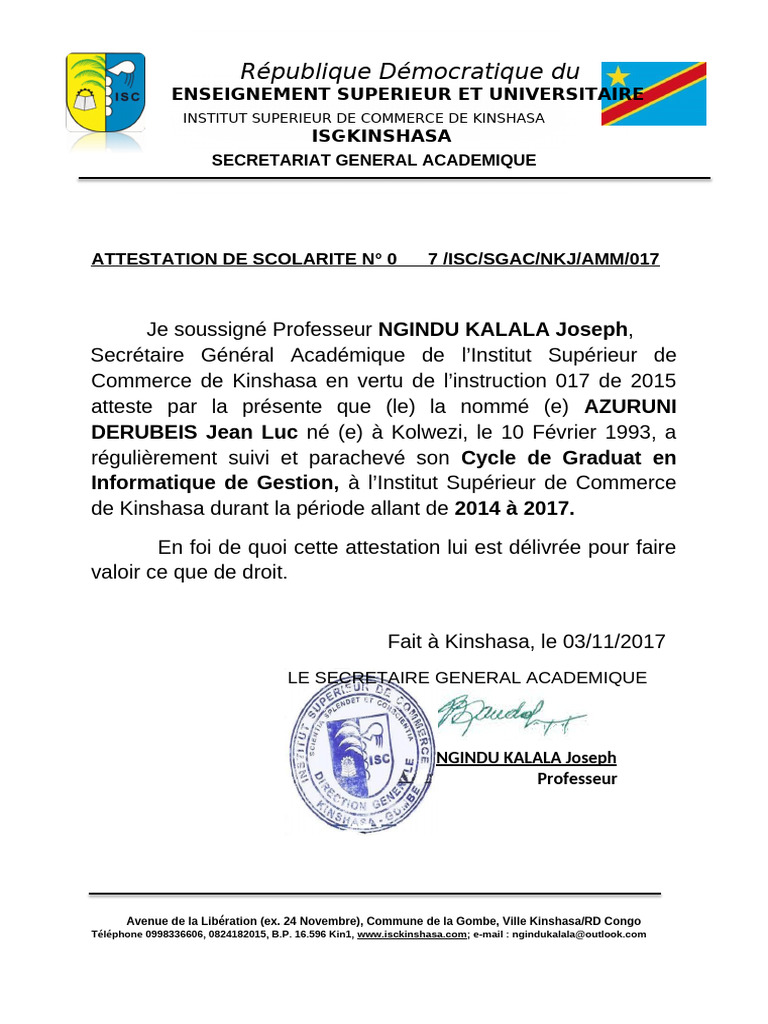 Attestation de réussite ISC Kinshasa | PDF