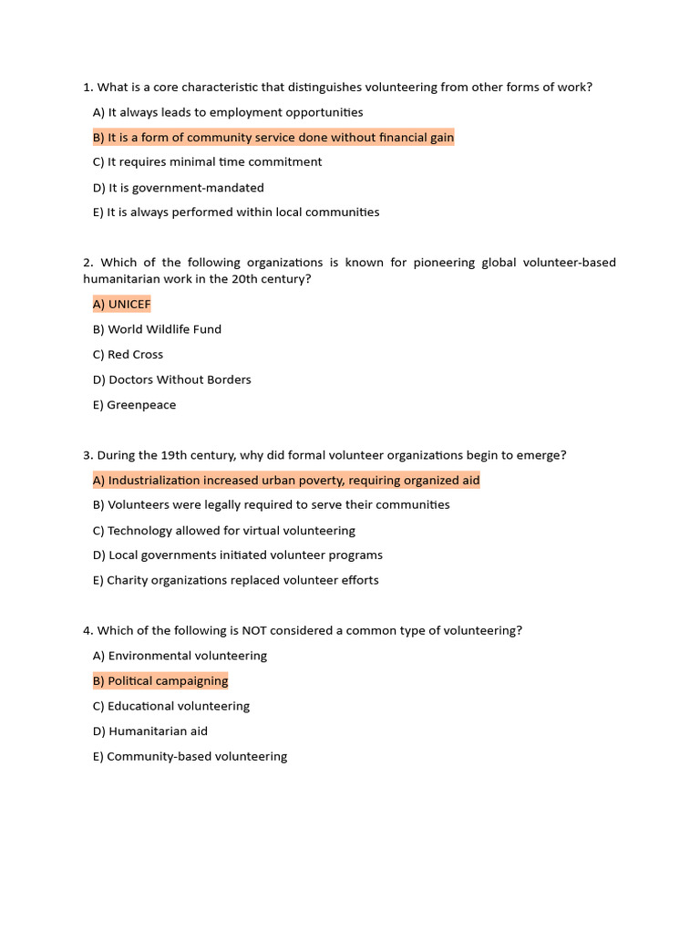 Volunteering Actions week 1 questions and answers | PDF