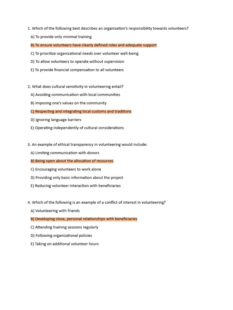 Volunteering Actions Week 4 Questions and Answers | PDF