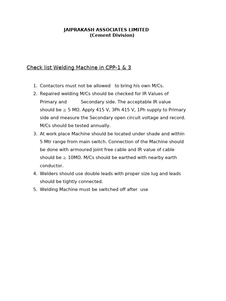 Ceck List Welding Machine | PDF
