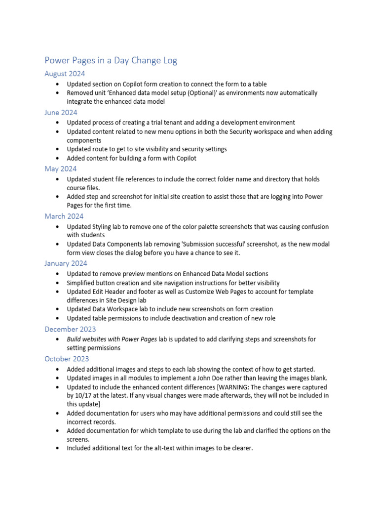 Power Pages in A Day Change Log | PDF | Computer File | Directory (Computing)