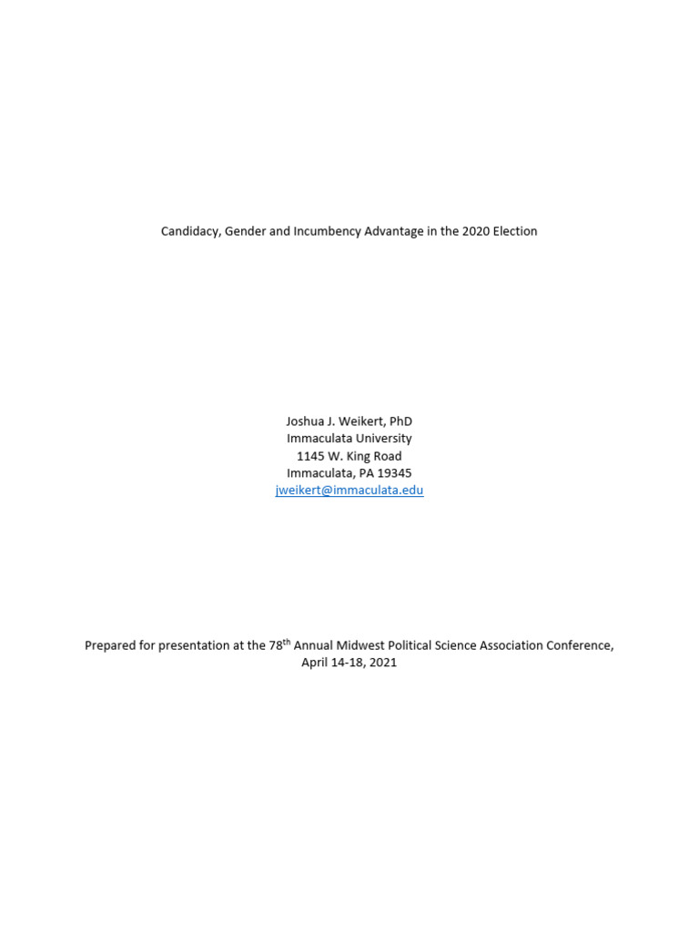 2021 MPSA - Candidacy Gender and Incumbency | PDF | Incumbent | Elections