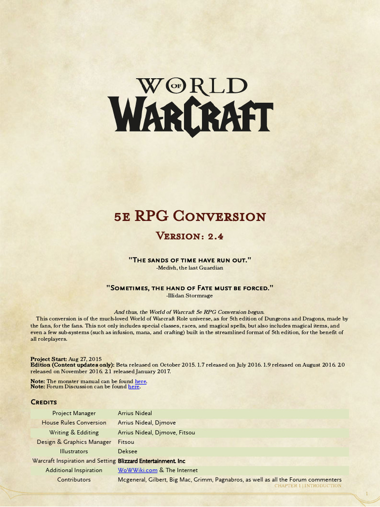 Chapter 1 (Introduction) - 5e Warcraft Conversion Version 2.5 | PDF