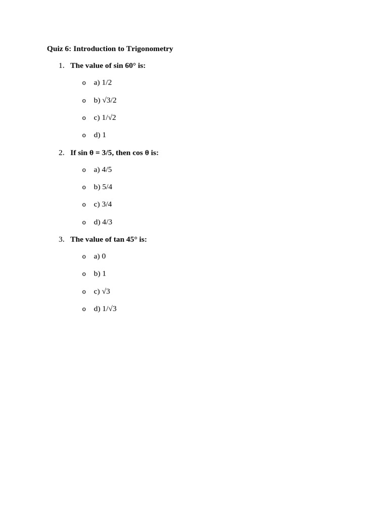 Quiz Introduction To Trigonometry | PDF