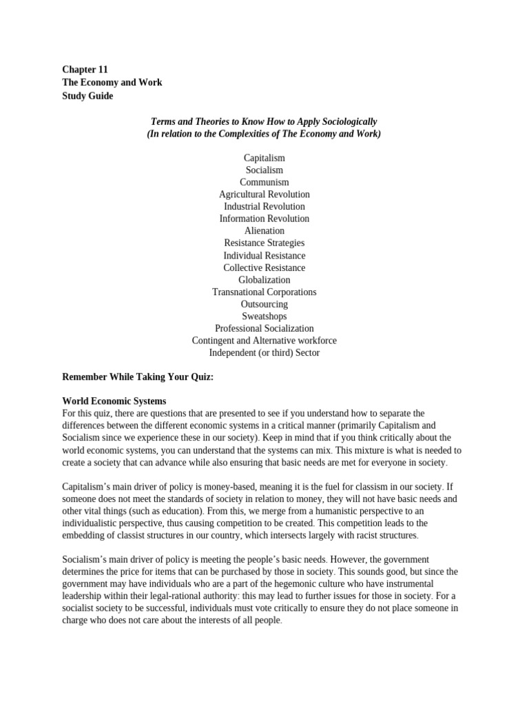 Sociology Chapter 11 Study Guide | PDF | Socialism | Capitalism