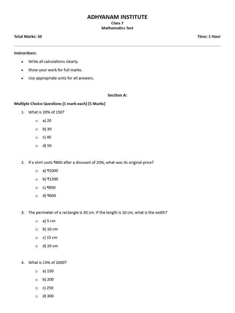 Class 7 Mathematics Test | PDF | Area | Length