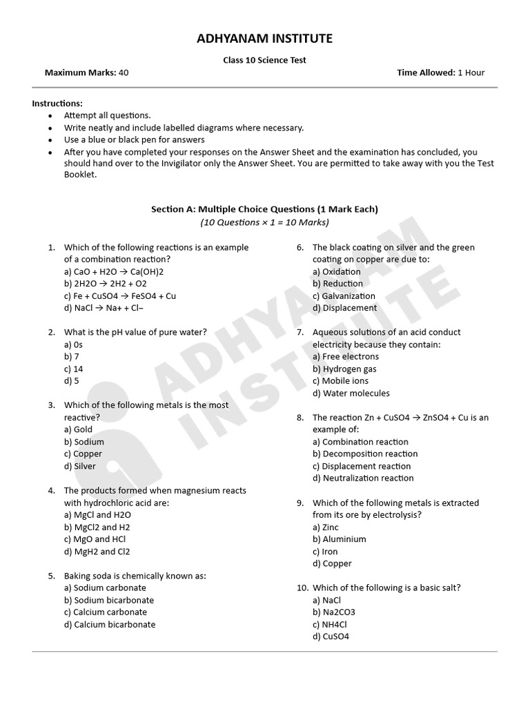 Class 10 Science Test Chemistry | PDF | Hydroxide | Acid