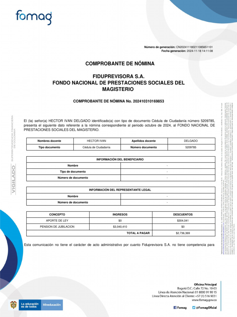 Comprobante Nómina Magisterio Oct 2024 | PDF | Documento de identidad