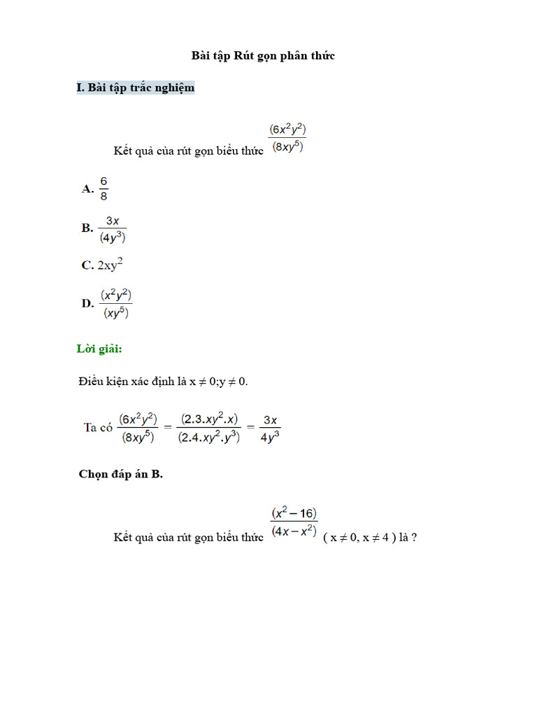 Bai Tap Rut Gon Phan Thuc Toan 8 Moi Nhat | PDF