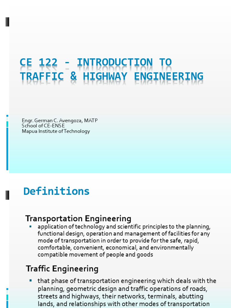 CE 122 INTRODUCTION TO TRAFFIC and HIGHW | PDF | Traffic | Highway