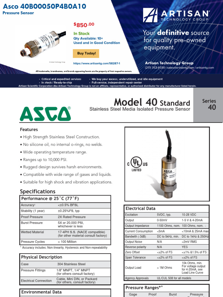 Asco 40B00050P4B0A10 Pressure Sensor | PDF | Materials