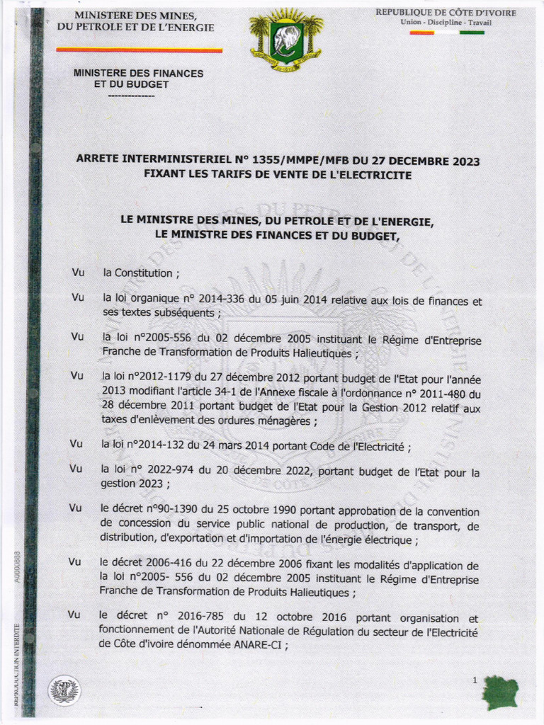 Arrêté Interministeriel Du 27 Décembre 2023 Fixant Tarifs de Vente de L'electricité - 29122 ...
