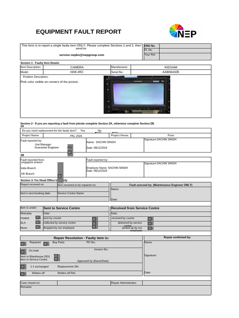 Equipment Fault Report: Camera Issue | PDF