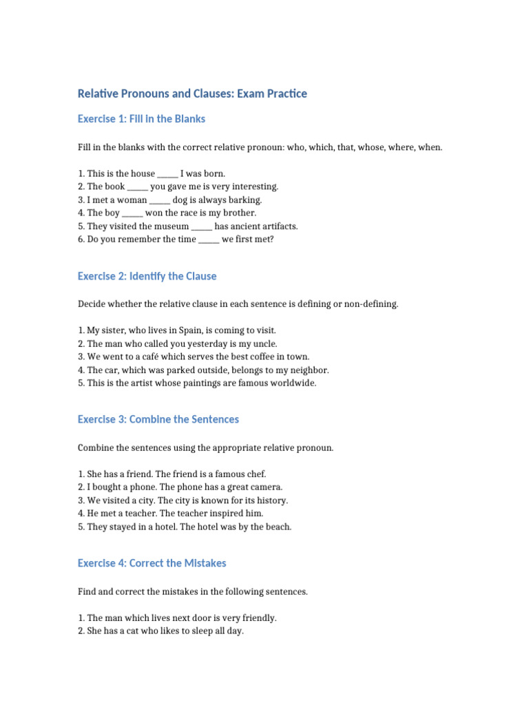 Relative Pronouns Clauses Practice | PDF