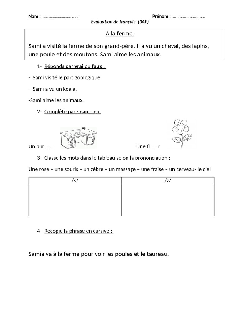 Évaluation de français 3AP : La ferme | PDF