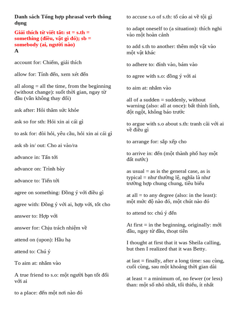 Danh Sách T NG H P Phrasal Verb Thông D NG | PDF