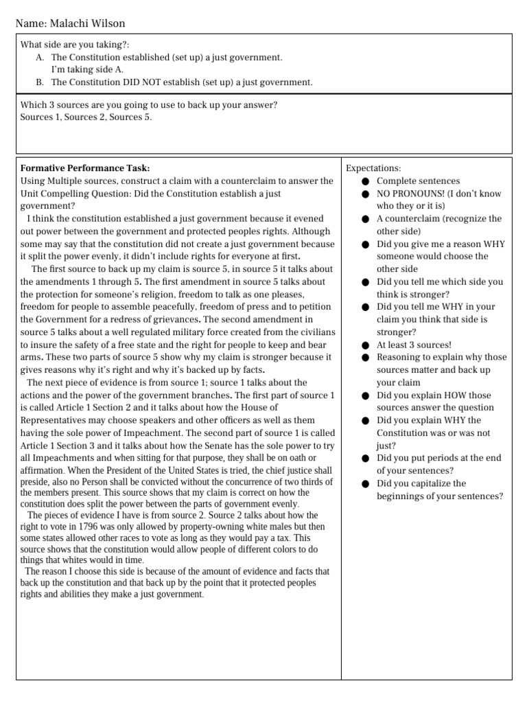 Malachi Wilson - Unit 4 Writing Assessment - Did The Consitution ...