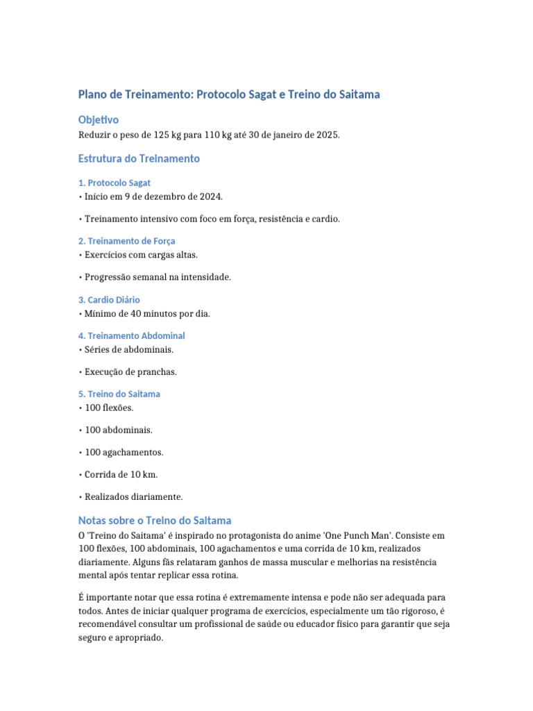 Plano Treinamento Protocolo Sagat Treino Saitama | PDF