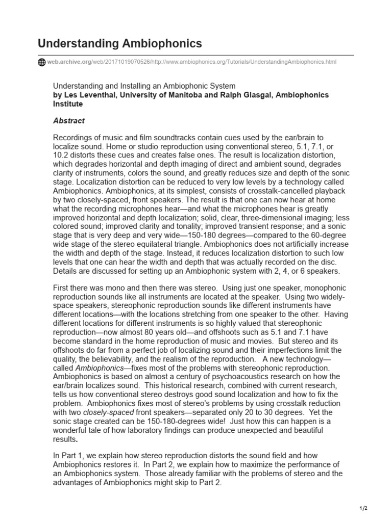 Understanding Ambiophonics - Abstract | PDF | Acoustics | Sound Technology