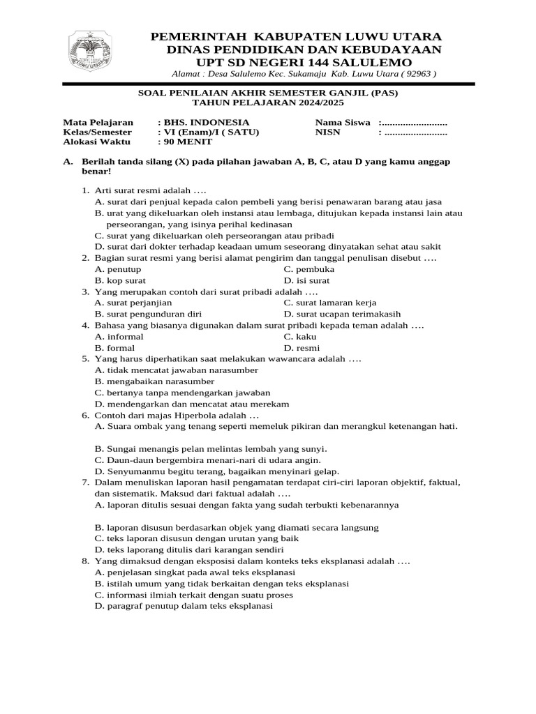 SOAL BINDO_Ganjil | PDF