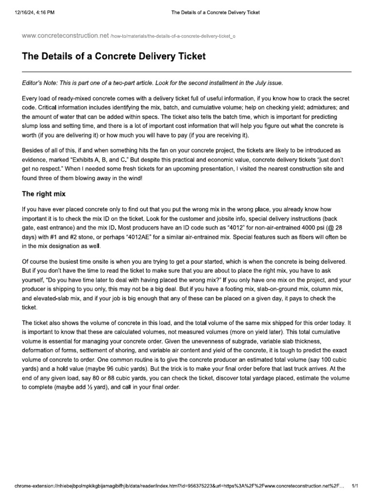 The Details of a Concrete Delivery Ticket | PDF