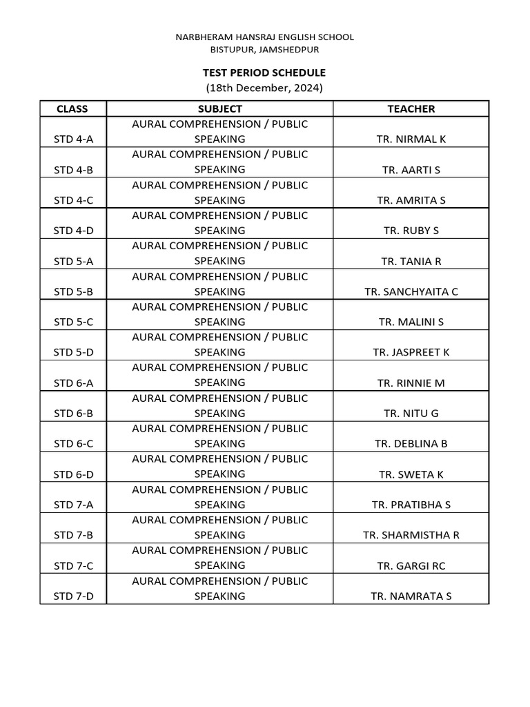 Aural Comprehension/Public Speaking Schedule | PDF