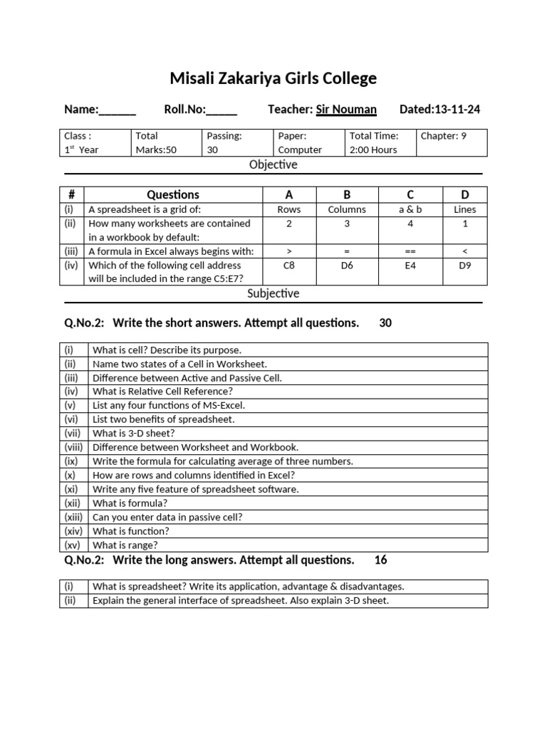 Paper 1st Year (Computer) Chapter 9 | PDF