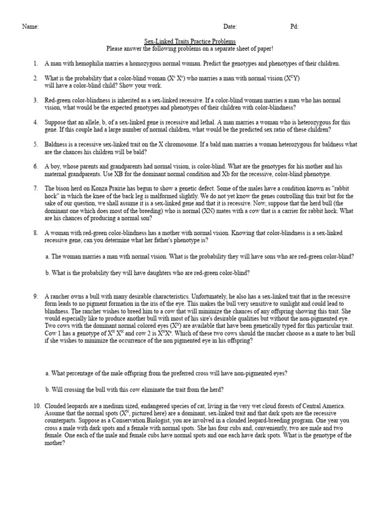 Honors Sex Linked Worksheet Pdf Dominance Genetics Zygosity