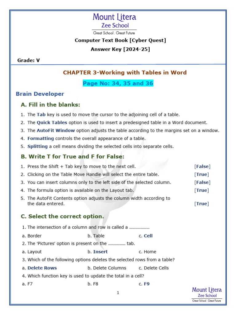 Grade 5 - Computer - L - 3 - Working With Tables in Word - Textbook ...