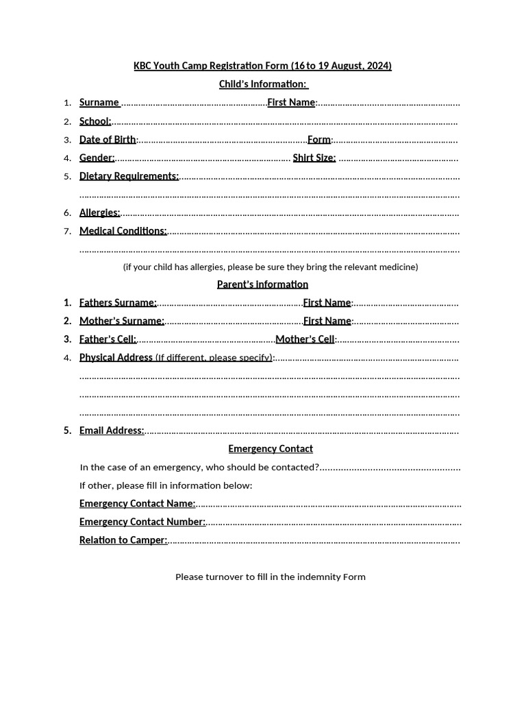 Youth Camp Registration Form KBC | PDF | Outdoor Recreation | Adventure Travel