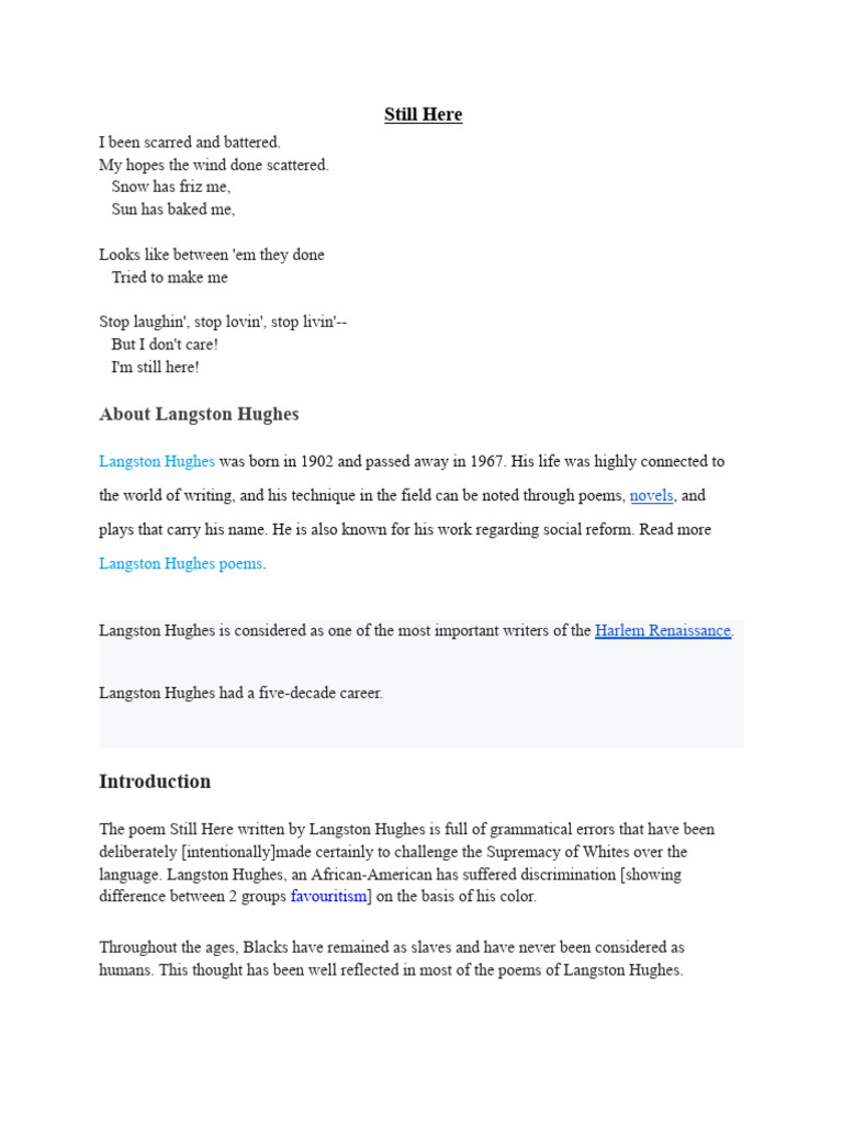 Still Here Poem by Langston Hughes | PDF