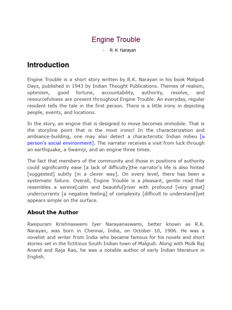 Engine Trouble (Short Story) by R. K. Narayan | PDF