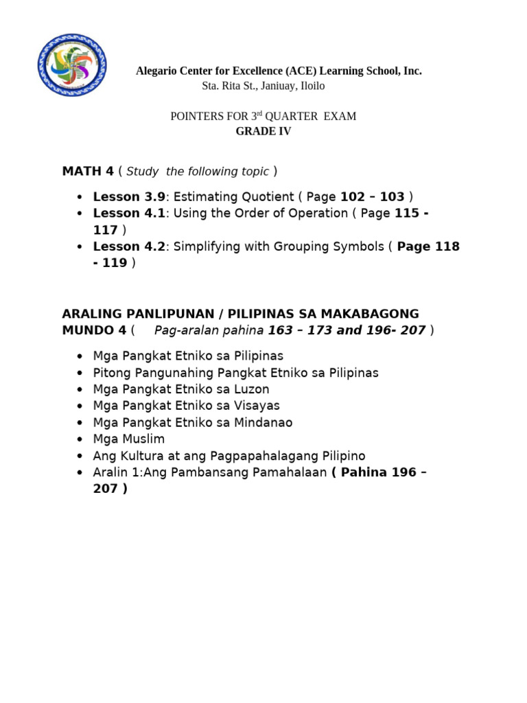 Pointers Grade 4 3rd Quarter Exam S.Y 2022 2023 | PDF