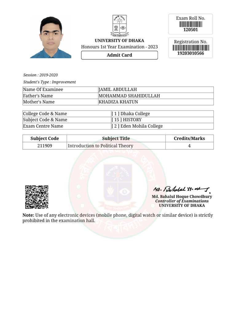 2023 Honours 1st Year Admit Card | PDF