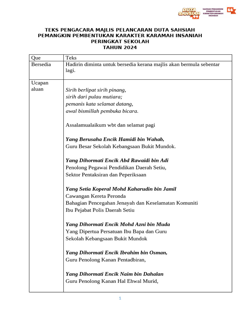TEKS PENGACARA MAJLIS PELANCARAN Duta Sahsiah | PDF