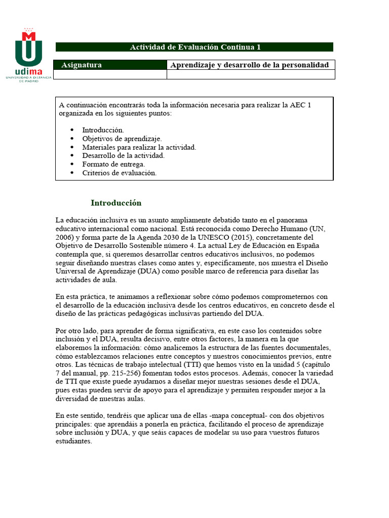 Instrucciones AEC 1_Aprendizaje y Desarrollo de La Personalidad | PDF | Aprendizaje | Plan de ...