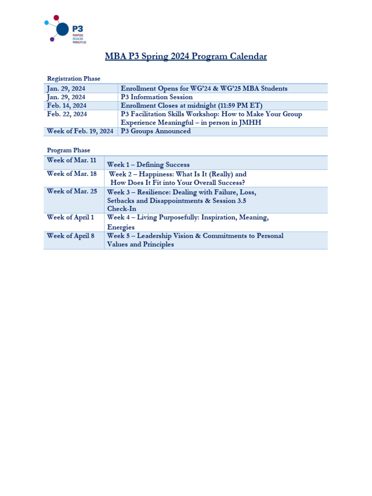MBA P3 Spring 2024 Program Calendar | PDF
